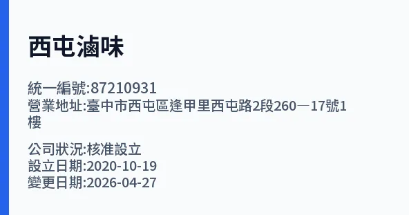 西屯滷味的照片-統編 87210931(臺中市) 公司登記資料與營業項目詳細圖表