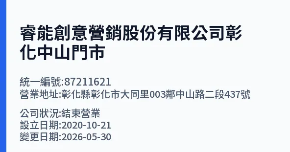 睿能創意營銷股份有限公司彰化中山門市的照片-統編 87211621(彰化縣) 公司登記資料與營業項目詳細圖表