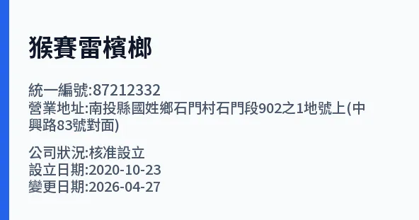 猴賽雷檳榔的照片-統編 87212332(南投縣) 公司登記資料與營業項目詳細圖表