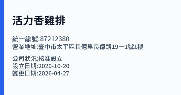 活力香雞排的照片-統編 87212380(臺中市) 公司登記資料與營業項目詳細圖表