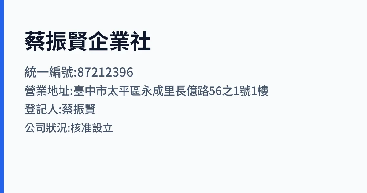 蔡振賢企業社 - 統編 87212396(臺中市) 公司登記資料與營業項目詳細圖表