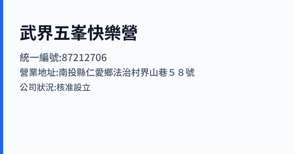 武界五峯快樂營 - 統編 87212706(南投縣) 公司登記資料與營業項目詳細圖表