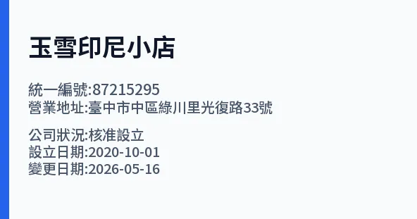 玉雪印尼小店的照片-統編 87215295(臺中市) 公司登記資料與營業項目詳細圖表