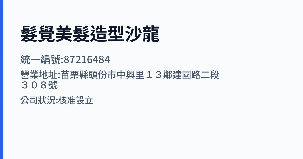 髮覺美髮造型沙龍 - 統編 87216484(苗栗縣) 公司登記資料與營業項目詳細圖表
