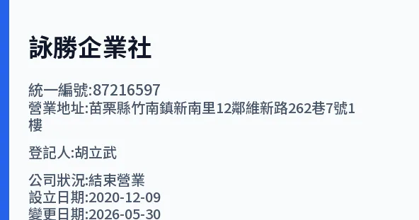 詠勝企業社的照片-統編 87216597(苗栗縣) 公司登記資料與營業項目詳細圖表