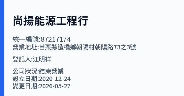 尚揚能源工程行的照片-統編 87217174(苗栗縣) 公司登記資料與營業項目詳細圖表