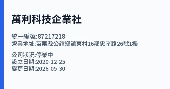 萬利科技企業社的照片-統編 87217218(苗栗縣) 公司登記資料與營業項目詳細圖表
