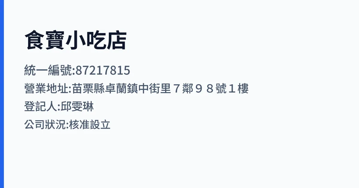食寶小吃店 - 統編 87217815(苗栗縣) 公司登記資料與營業項目詳細圖表
