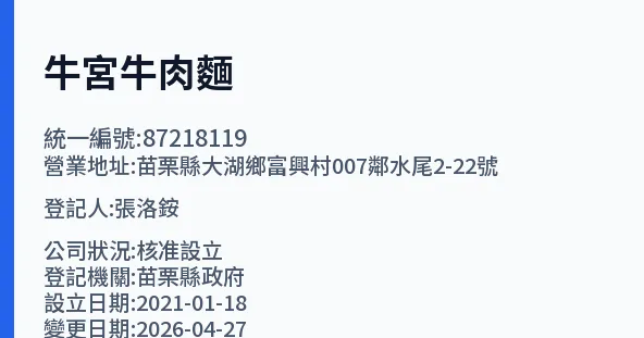 牛宮牛肉麵的照片-統編 87218119(苗栗縣) 公司登記資料與營業項目詳細圖表