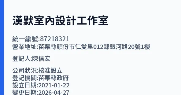 漢默室內設計工作室的照片-統編 87218321(苗栗縣) 公司登記資料與營業項目詳細圖表