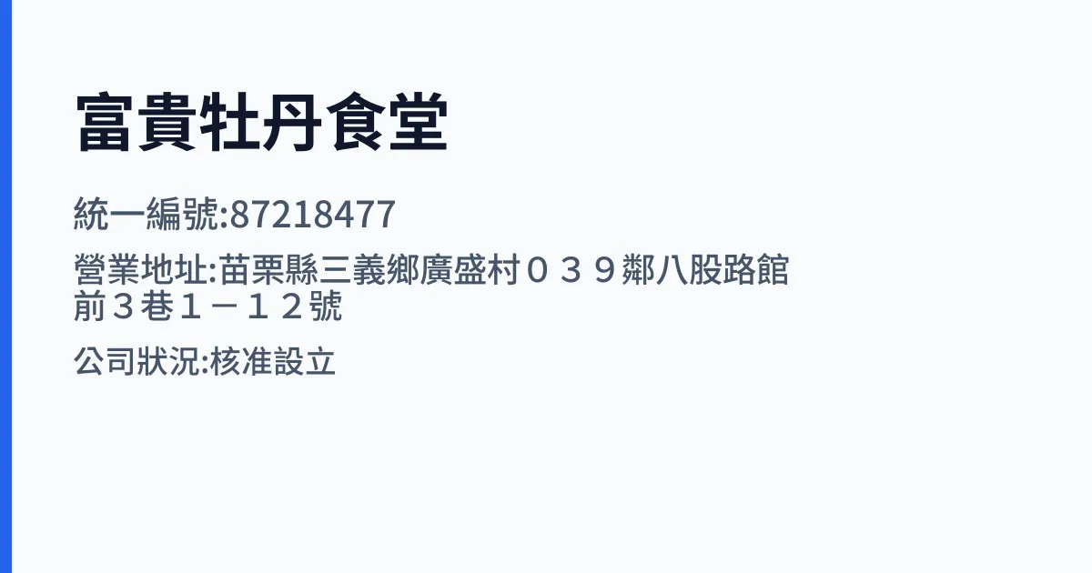 富貴牡丹食堂 - 統編 87218477(苗栗縣) 公司登記資料與營業項目詳細圖表