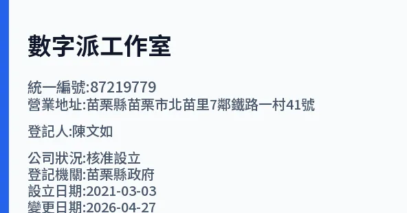 數字派工作室的照片-統編 87219779(苗栗縣) 公司登記資料與營業項目詳細圖表