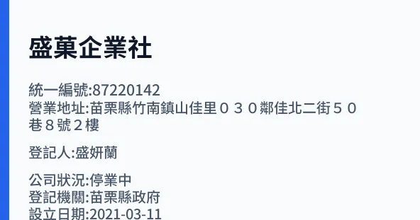 盛菓企業社的照片-統編 87220142(苗栗縣) 公司登記資料與營業項目詳細圖表