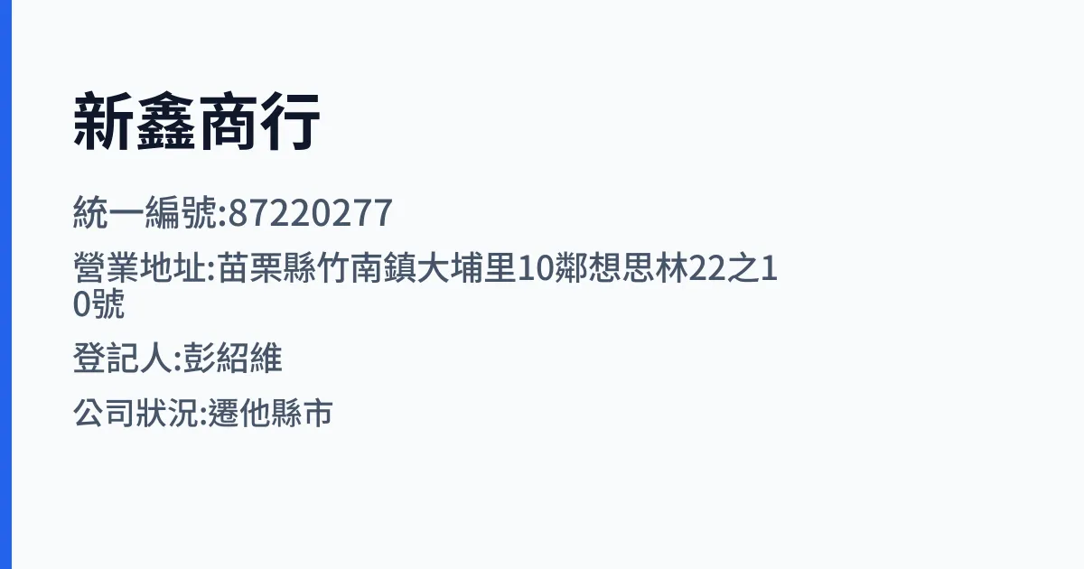 新鑫商行 - 統編 87220277(新竹縣) 公司登記資料與營業項目詳細圖表