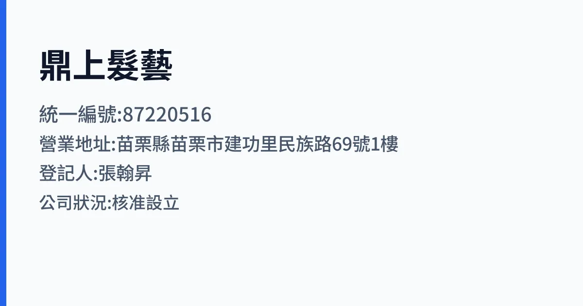 鼎上髮藝 - 統編 87220516(苗栗縣) 公司登記資料與營業項目詳細圖表