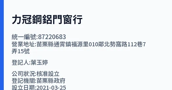 力冠鋼鋁門窗行的照片-統編 87220683(苗栗縣) 公司登記資料與營業項目詳細圖表