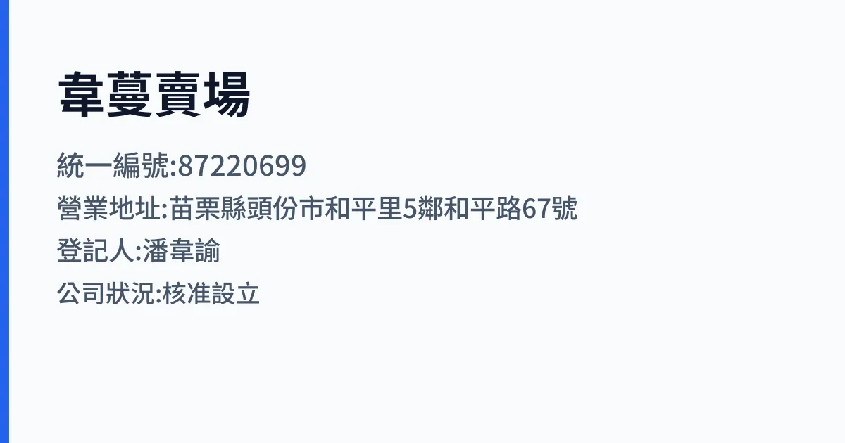 韋蔓賣場 - 統編 87220699(苗栗縣) 公司登記資料與營業項目詳細圖表