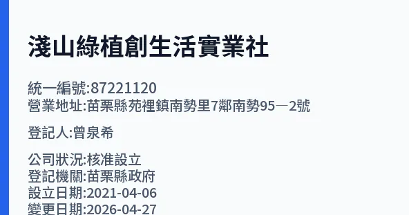 淺山綠植創生活實業社的照片-統編 87221120(苗栗縣) 公司登記資料與營業項目詳細圖表