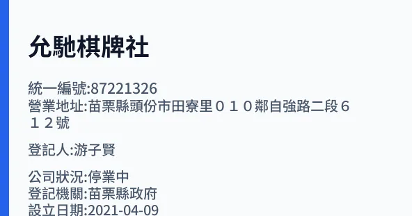 允馳棋牌社的照片-統編 87221326(苗栗縣) 公司登記資料與營業項目詳細圖表
