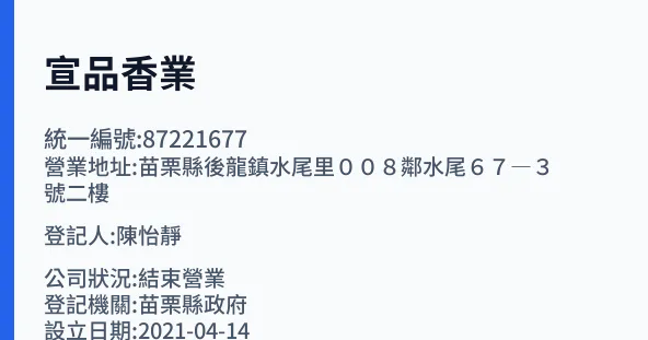 宣品香業的照片-統編 87221677(苗栗縣) 公司登記資料與營業項目詳細圖表