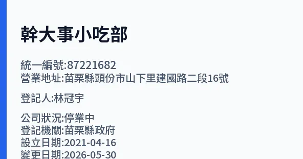 幹大事小吃部的照片-統編 87221682(苗栗縣) 公司登記資料與營業項目詳細圖表