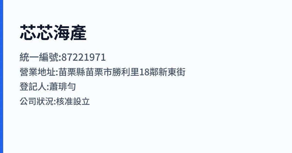 芯芯海產 - 統編 87221971(苗栗縣) 公司登記資料與營業項目詳細圖表