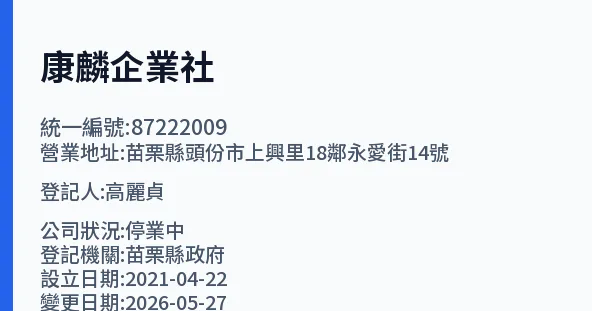 康麟企業社的照片-統編 87222009(苗栗縣) 公司登記資料與營業項目詳細圖表