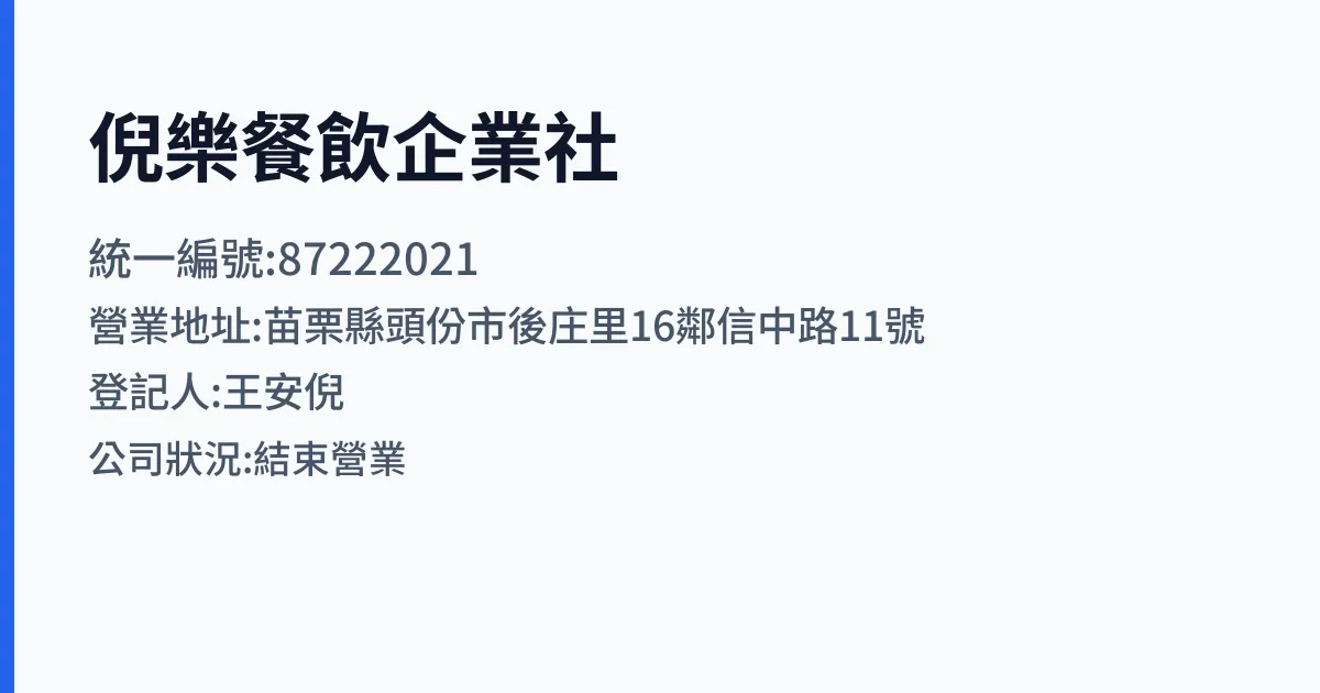 倪樂餐飲企業社 - 統編 87222021(苗栗縣) 公司登記資料與營業項目詳細圖表