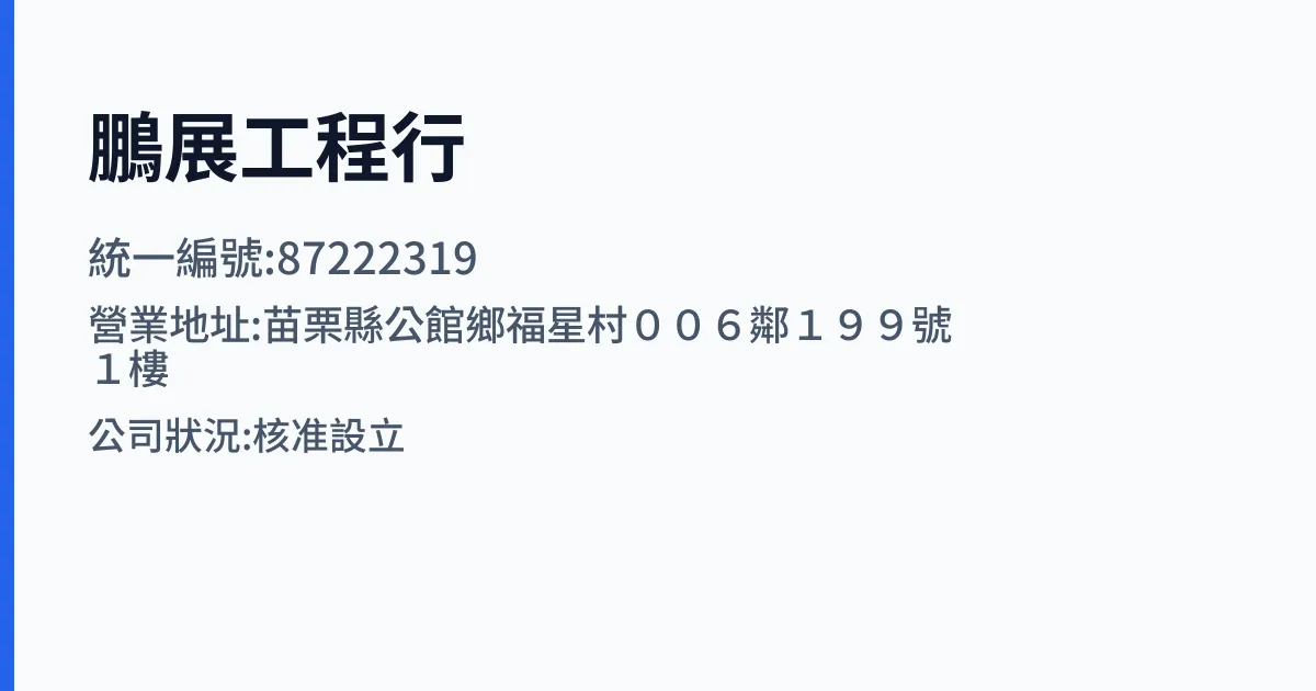 鵬展工程行 - 統編 87222319(苗栗縣) 公司登記資料與營業項目詳細圖表