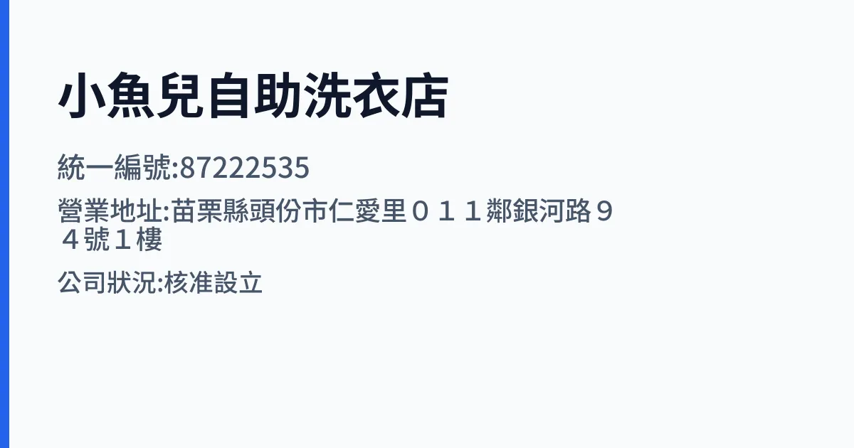小魚兒自助洗衣店 - 統編 87222535(苗栗縣) 公司登記資料與營業項目詳細圖表