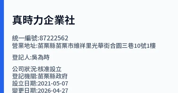 真時力企業社的照片-統編 87222562(苗栗縣) 公司登記資料與營業項目詳細圖表