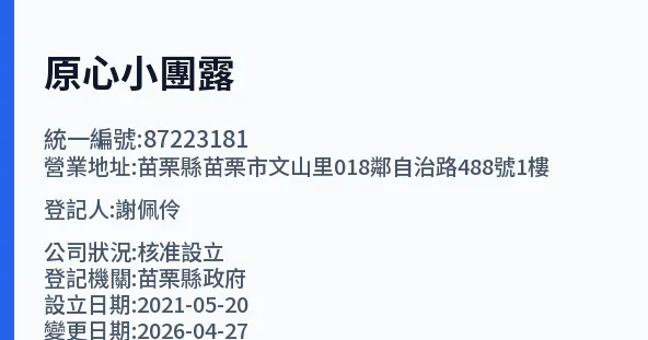 原心小團露的照片-統編 87223181(苗栗縣) 公司登記資料與營業項目詳細圖表