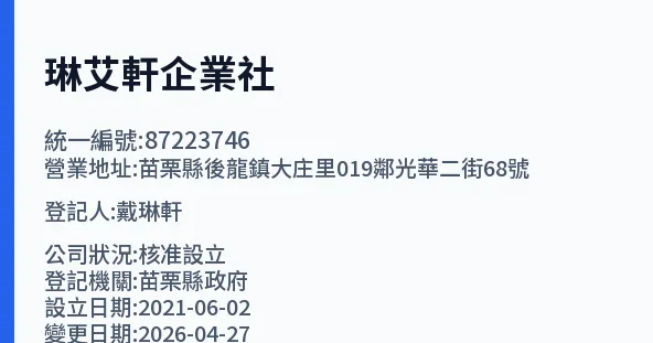 琳艾軒企業社的照片-統編 87223746(苗栗縣) 公司登記資料與營業項目詳細圖表
