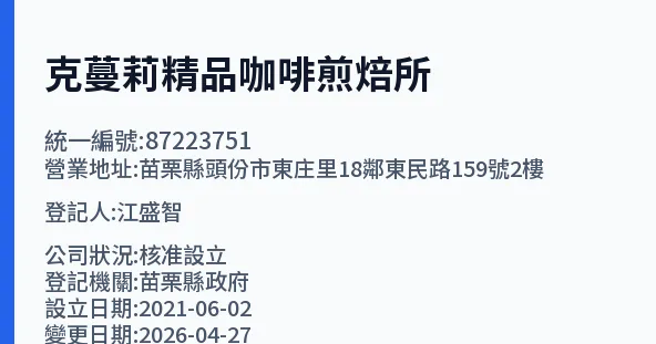 克蔓莉精品咖啡煎焙所的照片-統編 87223751(苗栗縣) 公司登記資料與營業項目詳細圖表