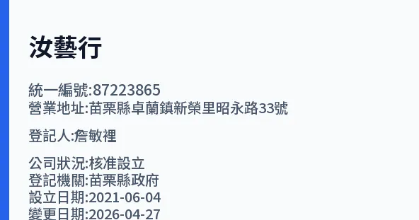 汝藝行的照片-統編 87223865(苗栗縣) 公司登記資料與營業項目詳細圖表