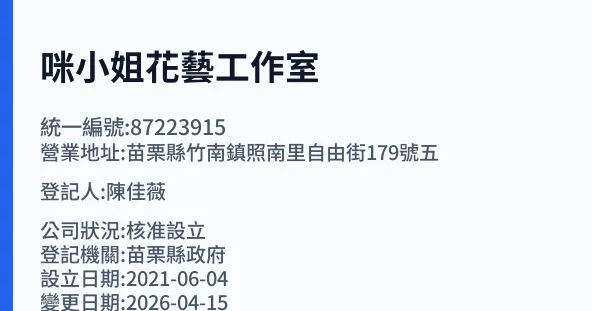 咪小姐花藝工作室的照片-統編 87223915(苗栗縣) 公司登記資料與營業項目詳細圖表