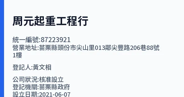 周元起重工程行的照片-統編 87223921(苗栗縣) 公司登記資料與營業項目詳細圖表