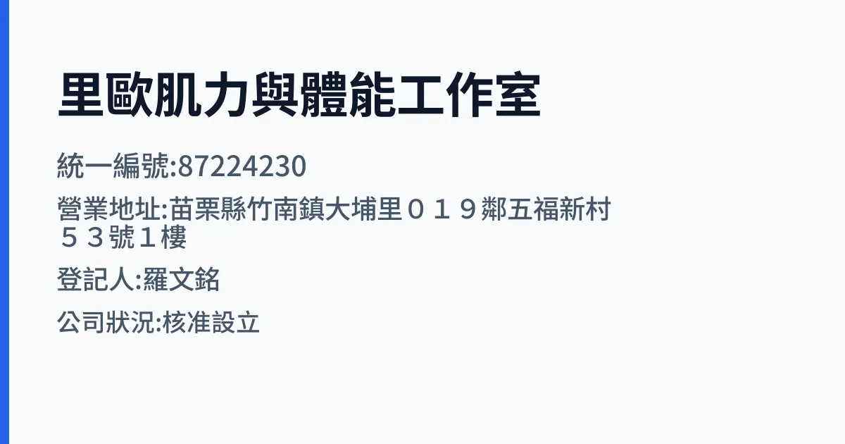 里歐肌力與體能工作室 - 統編 87224230(苗栗縣) 公司登記資料與營業項目詳細圖表