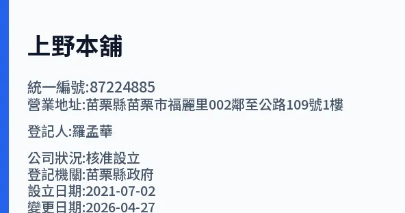 上野本舖的照片-統編 87224885(苗栗縣) 公司登記資料與營業項目詳細圖表
