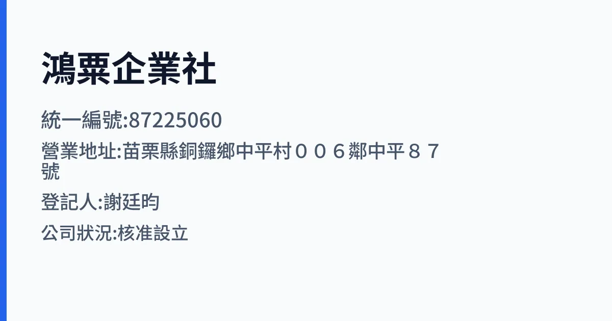 鴻粟企業社 - 統編 87225060(苗栗縣) 公司登記資料與營業項目詳細圖表