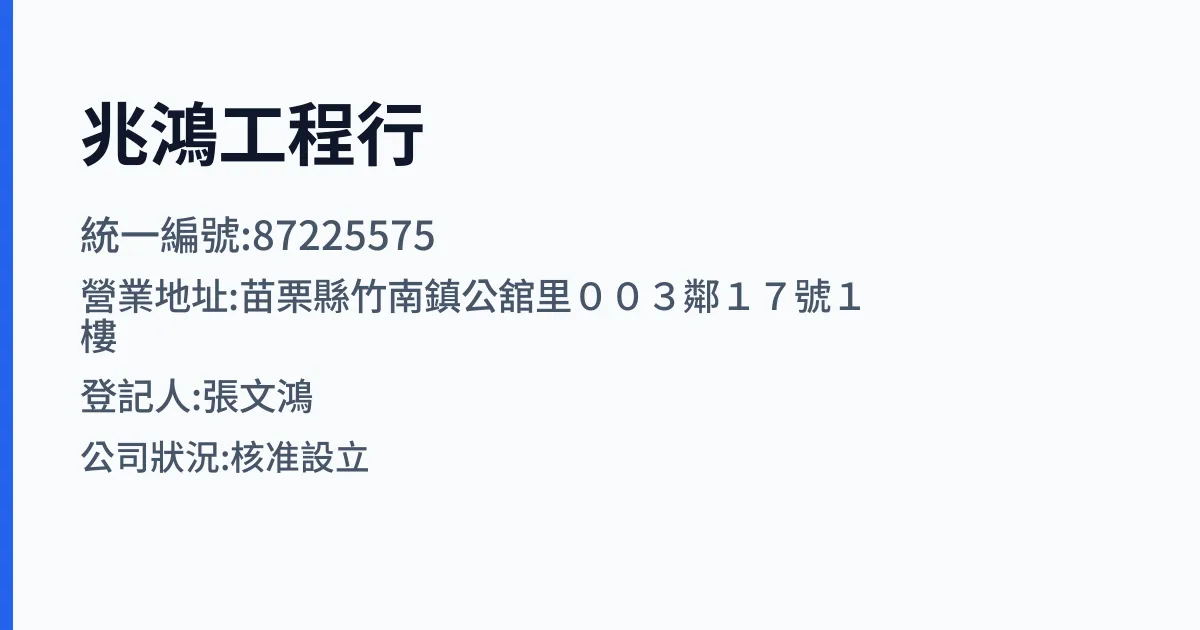 兆鴻工程行 - 統編 87225575（苗栗縣） 公司登記資料與營業項目詳細圖表