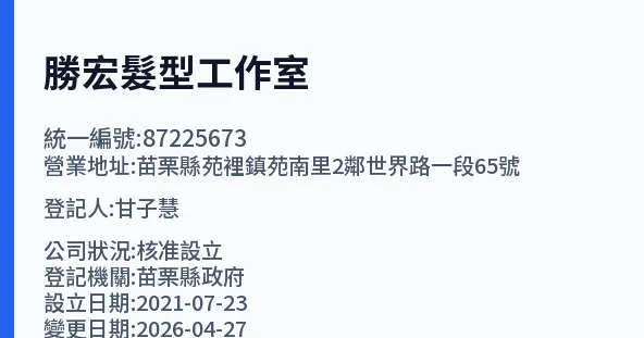 勝宏髮型工作室的照片-統編 87225673(苗栗縣) 公司登記資料與營業項目詳細圖表