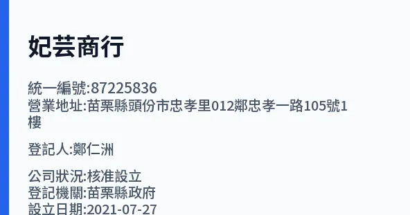 妃芸商行的照片-統編 87225836(苗栗縣) 公司登記資料與營業項目詳細圖表