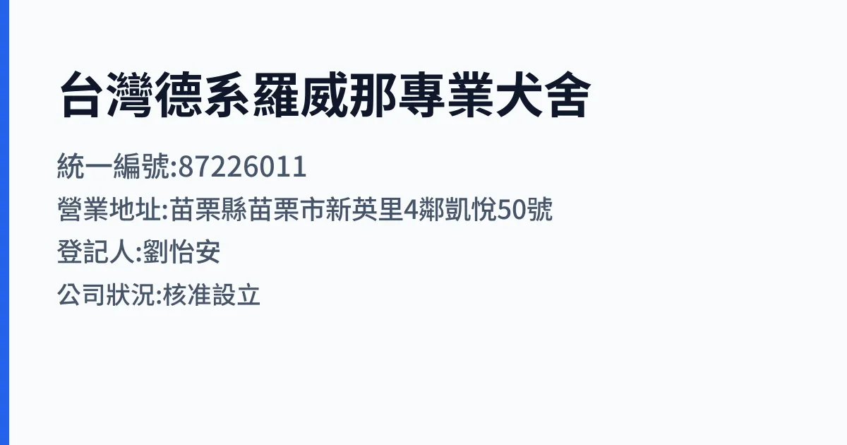 台灣德系羅威那專業犬舍 - 統編 87226011(苗栗縣) 公司登記資料與營業項目詳細圖表