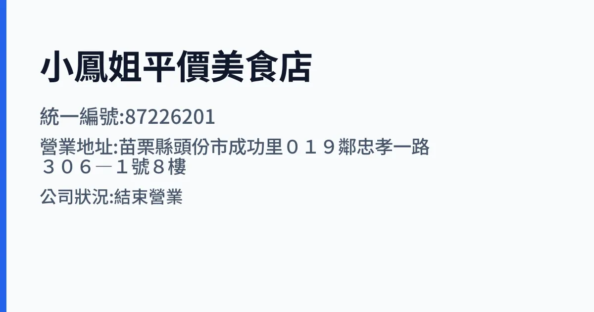 小鳳姐平價美食店 - 統編 87226201(苗栗縣) 公司登記資料與營業項目詳細圖表