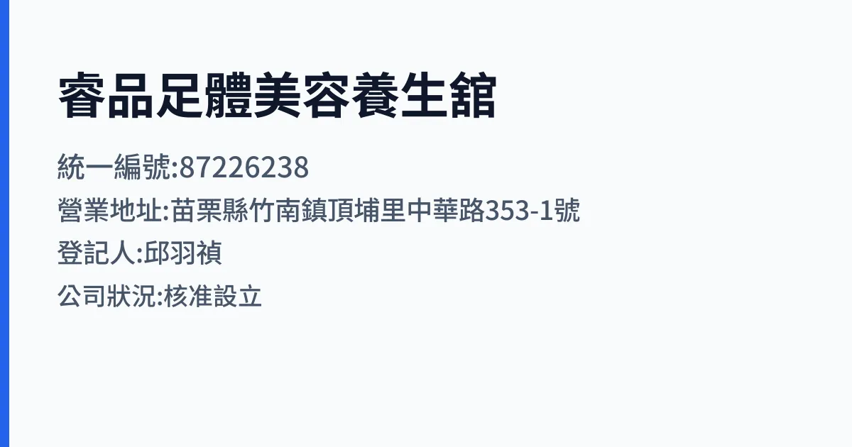 睿品足體美容養生舘 - 統編 87226238(苗栗縣) 公司登記資料與營業項目詳細圖表