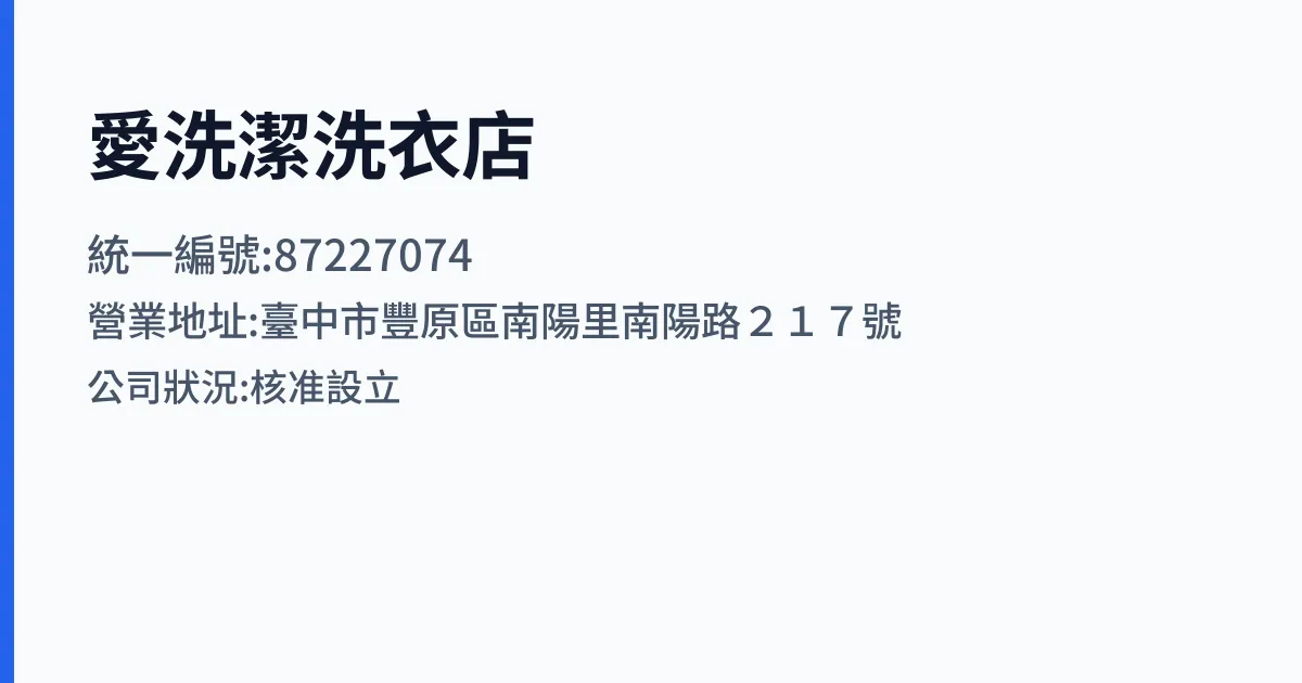 愛洗潔洗衣店 - 統編 87227074(臺中市) 公司登記資料與營業項目詳細圖表