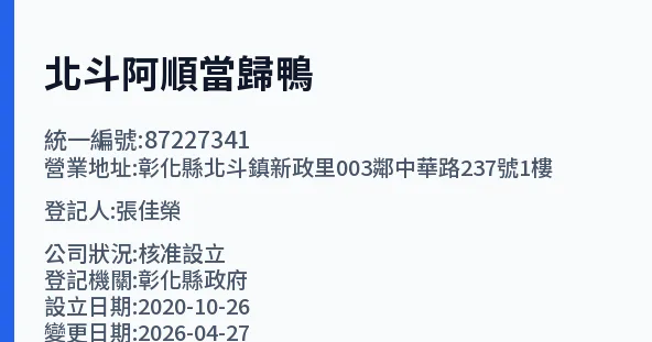北斗阿順當歸鴨的照片-統編 87227341(彰化縣) 公司登記資料與營業項目詳細圖表