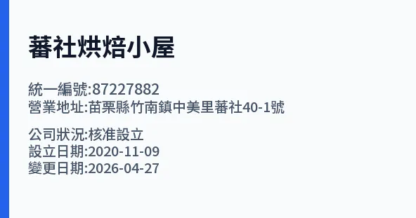 蕃社烘焙小屋的照片-統編 87227882(苗栗縣) 公司登記資料與營業項目詳細圖表