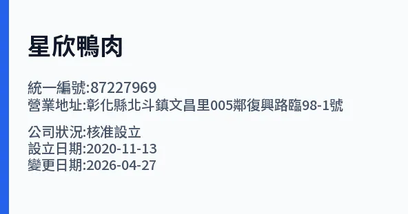 星欣鴨肉的照片-統編 87227969(彰化縣) 公司登記資料與營業項目詳細圖表